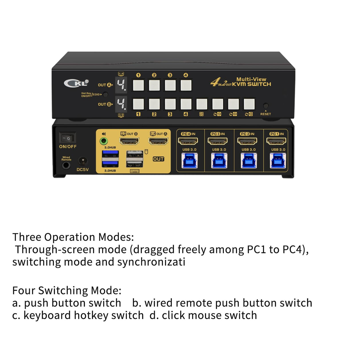 CKL 4 Port HDMI Split Multi-View KVM Switch Dual Monitor with Cables S