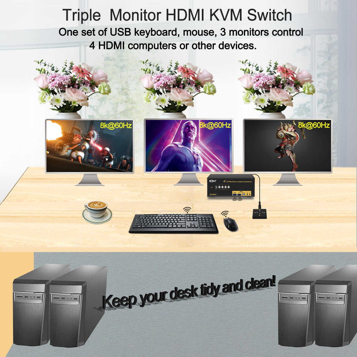 CKL 4 Port Triple Monitor USB 3.0 KVM Switch HDMI 2.1 8K 60Hz 4K 120Hz