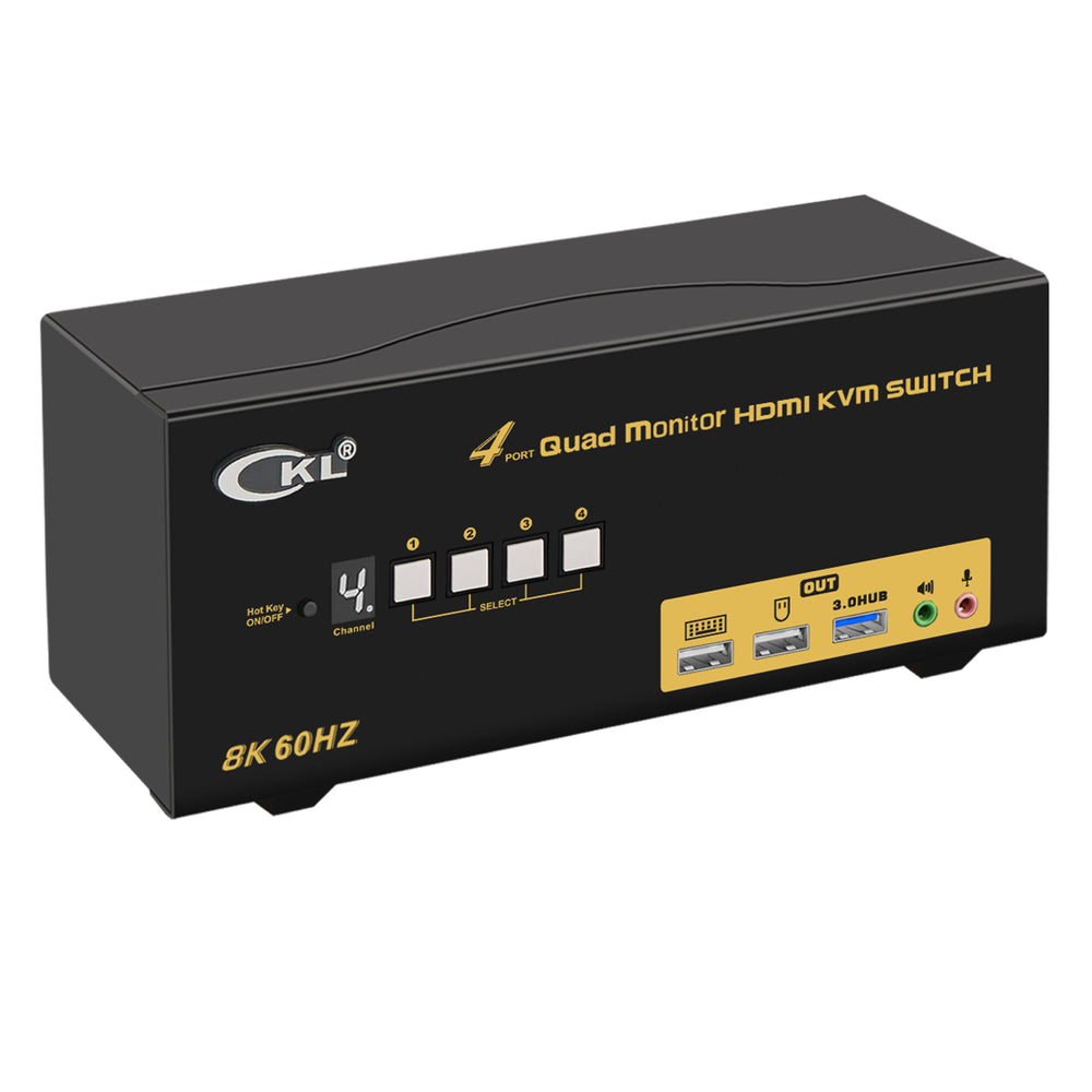 CKL 4 Port Quad Monitor USB 3.0 KVM Switch HDMI 2.1 8K 60Hz 4K 120Hz 1