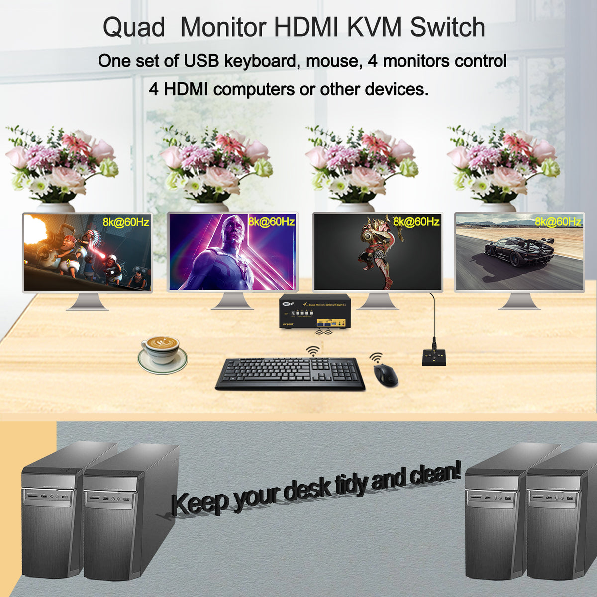 CKL 4 Port Quad Monitor USB 3.0 KVM Switch HDMI 2.1 8K 60Hz 4K 120Hz 1